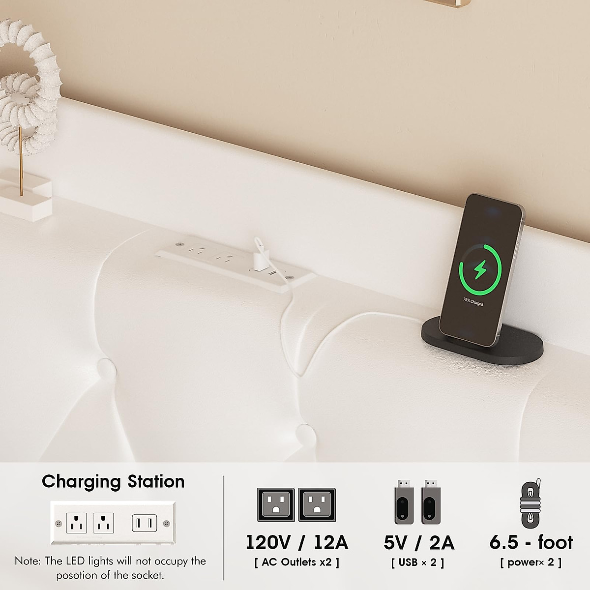 Queen Size Floating Bed Frame with LED Lights, Upholstered PU Leather Platform Bed with Charging Station & Button Tufted Headboard Storage, No Box Spring Needed, White