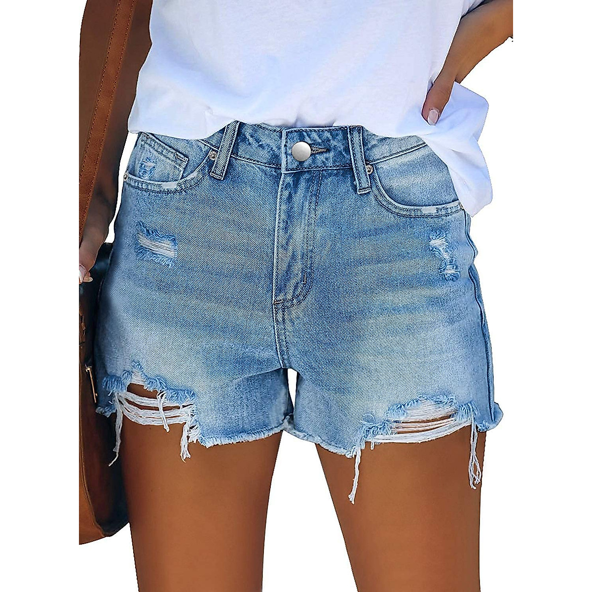 MINGALONDON Women's Casual Mid Waist Denim Cutoff Frayed Hem Stretchy Jean Shorts Light Blue S