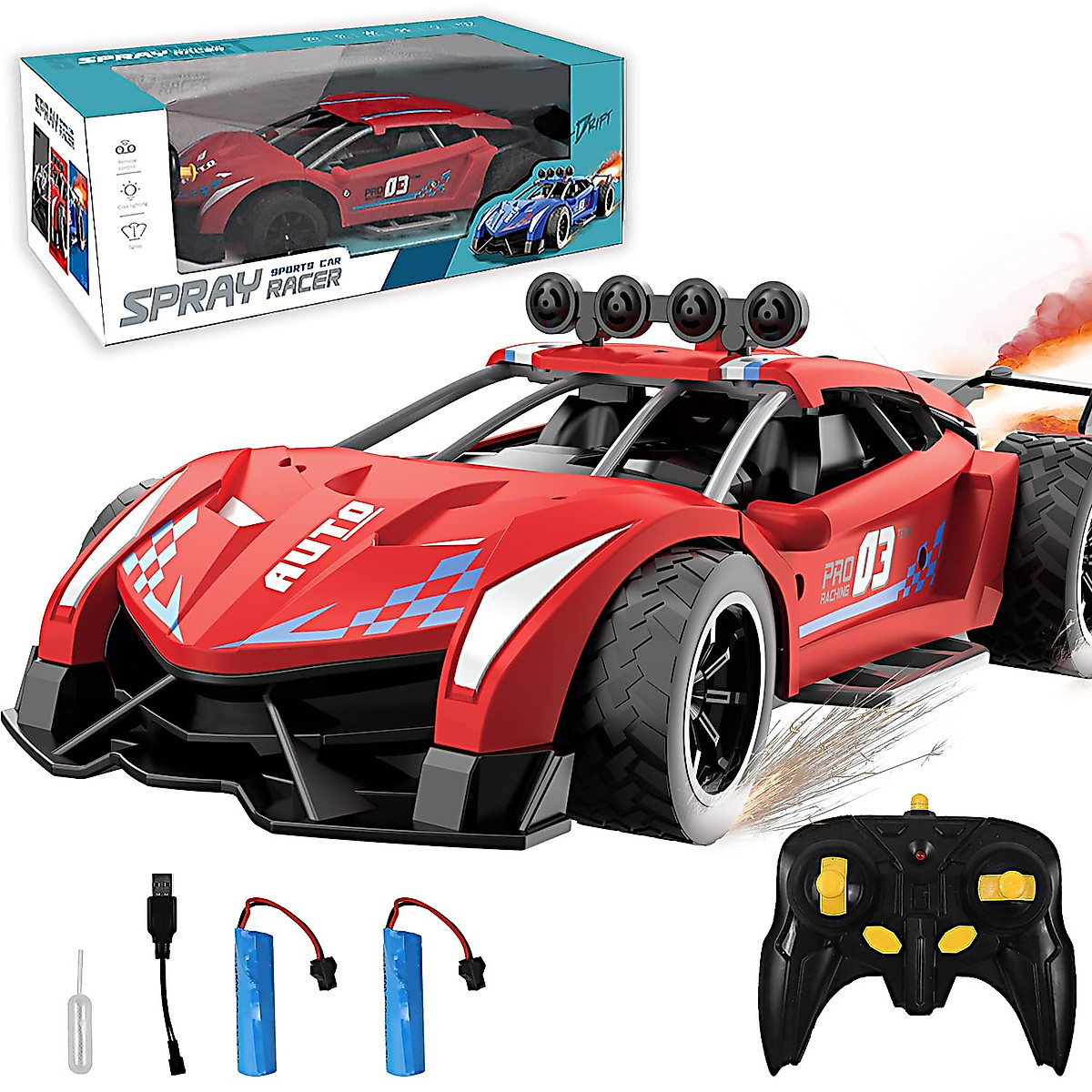 HT HONGTENG RC Car with Spray and Cool Lights,2.4Ghz Remote Control High-Speed Drifting Toy Racing,Christmas Birthday Gifts for Boys and Girls Aged 3-12. (Red Racing)