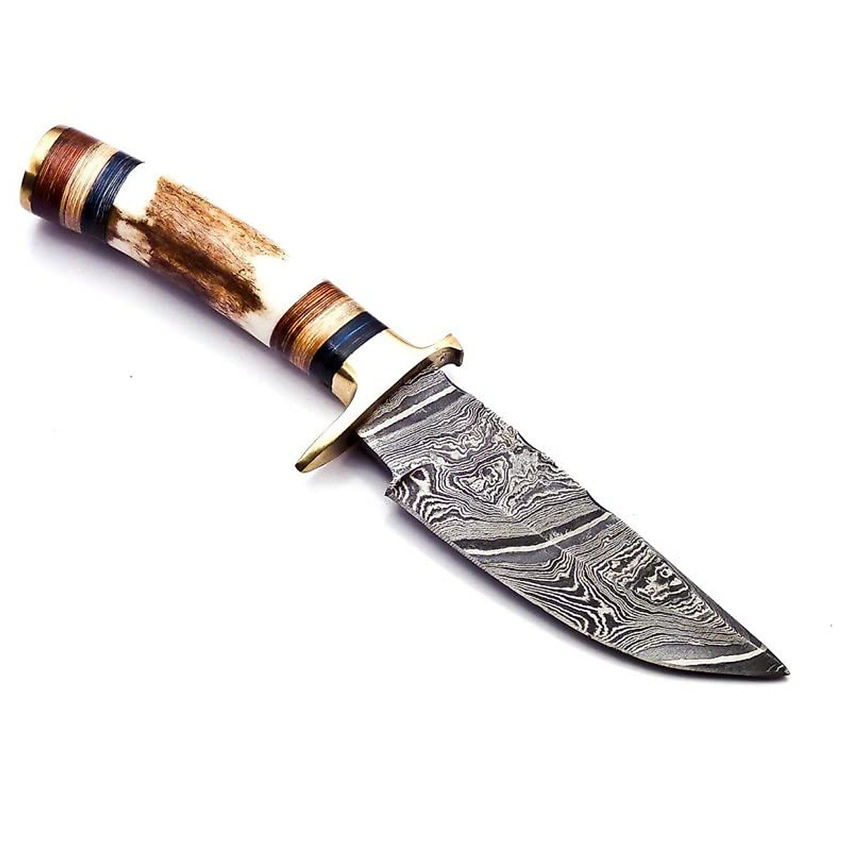 8 inch Handmade Damascus Steel Hunting knife Handle Deer Antler W Leather C. The Handle Color and Gard shape could be different then Pics