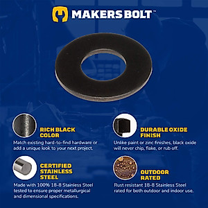 18-8 Stainless Steel 1/4" Flat Washers (100 pcs) Black Oxidized in USA by Makers Bolt