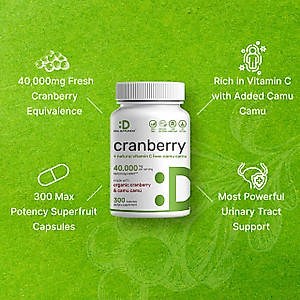 Cranberry Pills 40,000mg Per Serving with Camu Camu, 300* Capsules – Made with Organic Ingredients – Natural Vitamin C – 4X Strength Urinary Tract Health Supplement – No Sugar, No GMOs