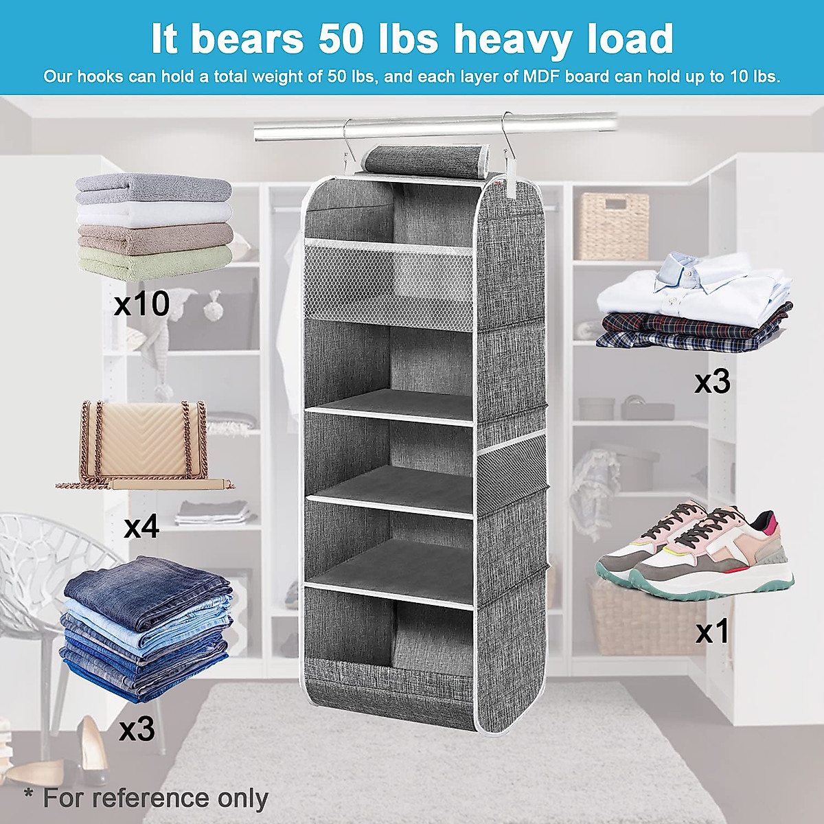 HMA Pro Hanging Closet Organizer and Storage (Heavy Duty) 5 Shelves Collapsible Hanging Closet Shelves Hanging Organizer for Closet, Camper and RV, Strong MDF Material on All Shelves.
