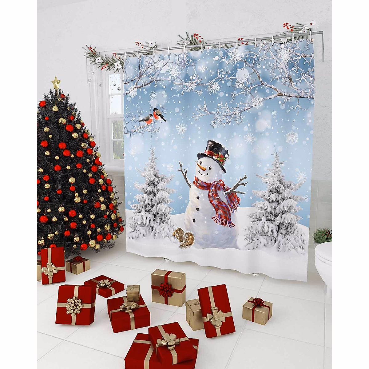 BEMIGO Christmas Tree Snowman Shower Curtains for Bathroom, Xmas Tree Farmhouse Fabric Waterproof Shower Curtain Set with Hooks, Christmas Vacation Decorations Bathroom Accessories 72x72inch