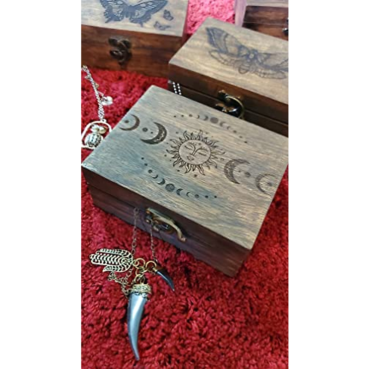 Engraved Wooden Tarot Box for Cards Crystal Holder | Sun and Moon Fortune Telling Astrology Trinket Keepsake Box. Fengshui Luck Talisman Decorative Gift Case/Holder