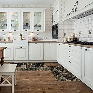 Marble 2 PCS Cushioned Antifatigue Kitchen Mats and Rugs,Black Gold Grey Grid Irregular Comb Plaid Geometric Floor Bath Door Mat Doormat Accent Runner Carpet Washable Comfort Standing Mat 18,48