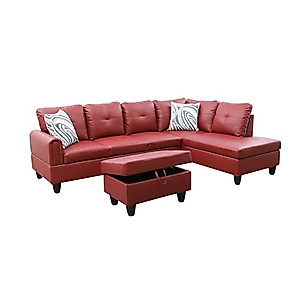 NOTOP 3-Piece Faux Leather L-Shaped Sectional Sofas, Button Tufted Upholstered Couch Set with Right Chaise Longue and Storage Ottoman, for Living Room, Home, Office, Red