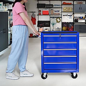 HPDMC Rolling Garage Workshop Tool Organizer 5 Drawer Tool Chest, Tool Storage Cabinet for Garage Storage with 4 Wheels and Locking System, Blue