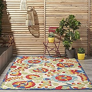 Nourison Aloha Indoor/Outdoor Multicolor 5'3" x 7'5" Area Rug, Tropical, Botanical, Easy -Cleaning, Non Shedding, Bed Room, Living Room, Dining Room, Deck, Backyard, Patio (5x7)