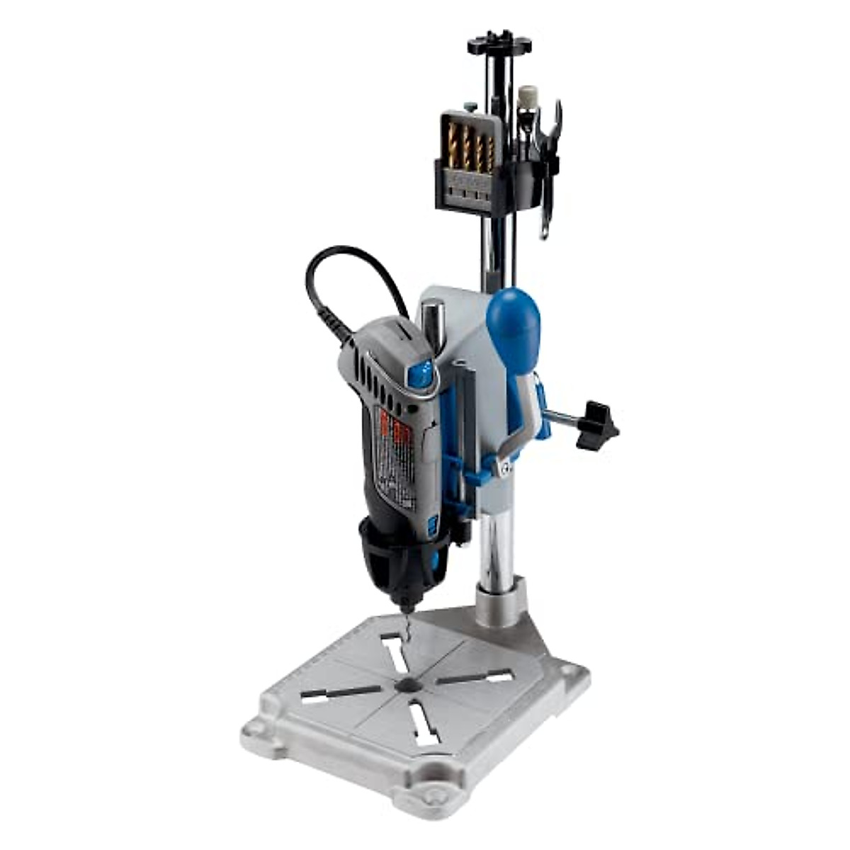 Dremel Drill Press Rotary Tool Workstation Stand with Wrench- 220-01- Mini Portable Press- Holder- 2 Inch Depth- Ideal for Drilling Perpendicular and Angled Holes- Table Top , Silver