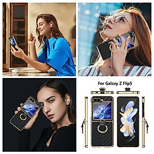 Soyeacrg Case for Samsung Galaxy Z Flip 5, Ultra Thin Luxury Quilted Leather Gold Plated Frame Folding Women Case with Ring Holder Camera Lens Protection Film for Samsung Z Flip 5 2023,Red