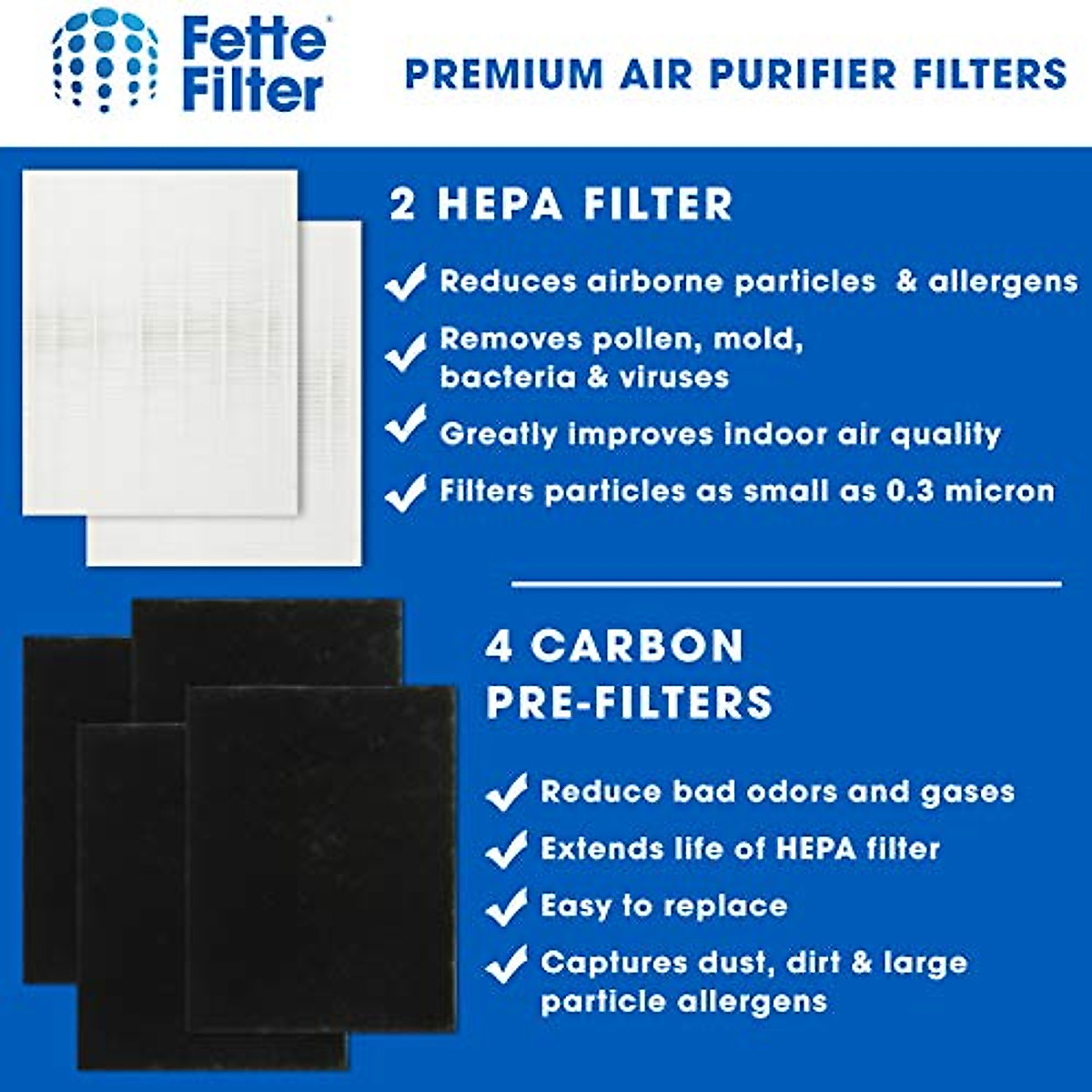 Fette Filter - 200M / AP-1512HH Premium H13 True Hepa Filter Set Compaible with Coway AP-1512HH AP1512HH AP-1512HH-FP Airmega 200M AP-1518R Airmega 200M(W) Includes 2 True Hepa Filter with 4 Activated Carbon Pre Filter Part # 3304899