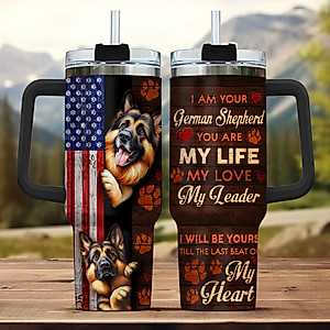 99OWL Patriotic Brown Engraved Best Funny For Adults Women Coffee Cups Cute Worlds Handle, Dog Mom Gifts, Tumbler 40 Oz With Handle Lid And Straw, German Shepherd American