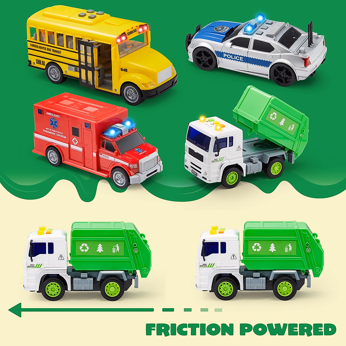 JOYIN 4 Pcs 7" Long Vehicle Toy Set, Toddlers Cars with Lights and Siren Sound, Including Play Police Car, School Bus, Toy Garbage Truck, Ambulance Toy, Birthday Party Gifts Toys for Boys 3-5