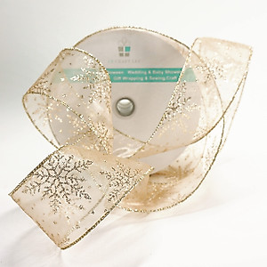 CT CRAFT LLC Organza with Champagne Gold Glitter Snowflakes Wired Ribbon 2.5 inch x 50 Yards for Christmas Home Decor Tree Topper Bow Gift Wrapping DIY Crafts Wreath Garland Wedding