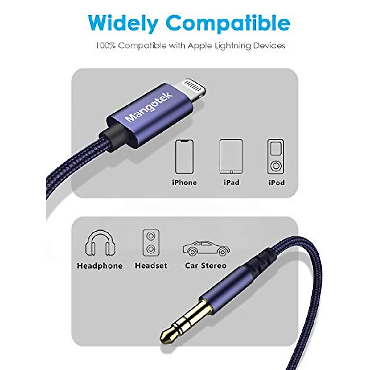 Mangotek Replacement Aux Cord for iPhone, Braided MFi Aux to Lightning Cable iPhone Aux Adapter iPhone Aux Cord Audio for Car Stereo Headphone Speaker iPhone 14 13 12 Pro Max 7 8 Plus SE X XS XR