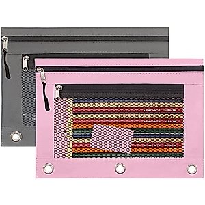 Pencil Pouch for 3 Ring Binder, 2 PCS Double Layer Binder Pencil Case with Zipper Puller, Transparent PVC Mesh Window Oxford Pencil Holder 3 Ring Binder Pencil Cases, Smooth Metal Zipper Pencil Pouches Set for School& Office Supplies