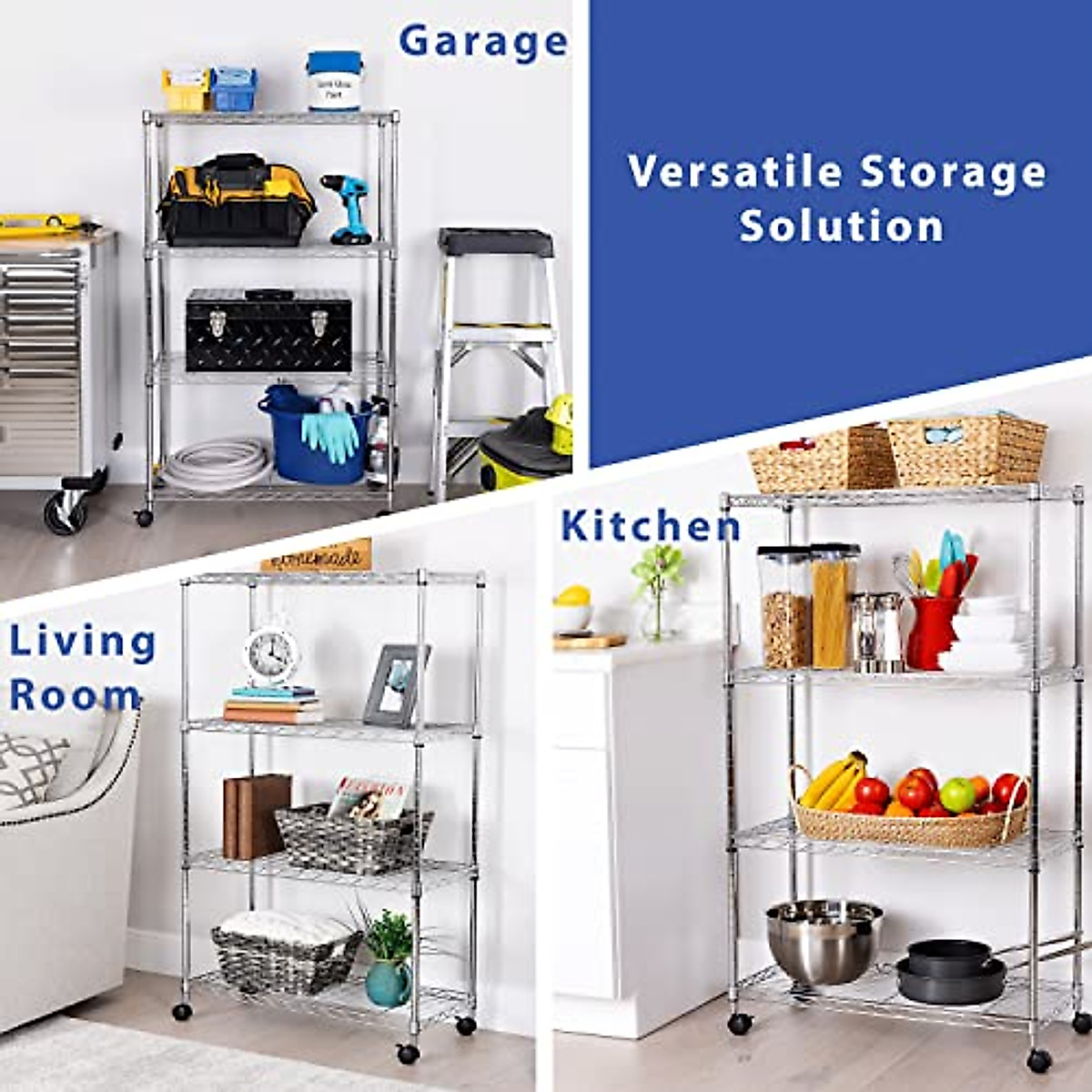 Seville Classics Solid Steel Wire Shelving Storage Unit Adjustable Shelves Organizer Rack, for Home, Kitchen, Office, Garage, Bedroom, Closet, Steel, 4-Tier, 30" W x 14" D