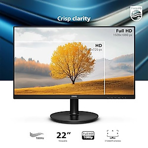 Philips 22 inch Class Thin Full HD (1920 x 1080) Monitor, 100Hz Refresh Rate, VESA, HDMI x1, VGA x1, LowBlue Mode, Adaptive Sync, 4 Year Advance Replacement Warranty, 221V8LB