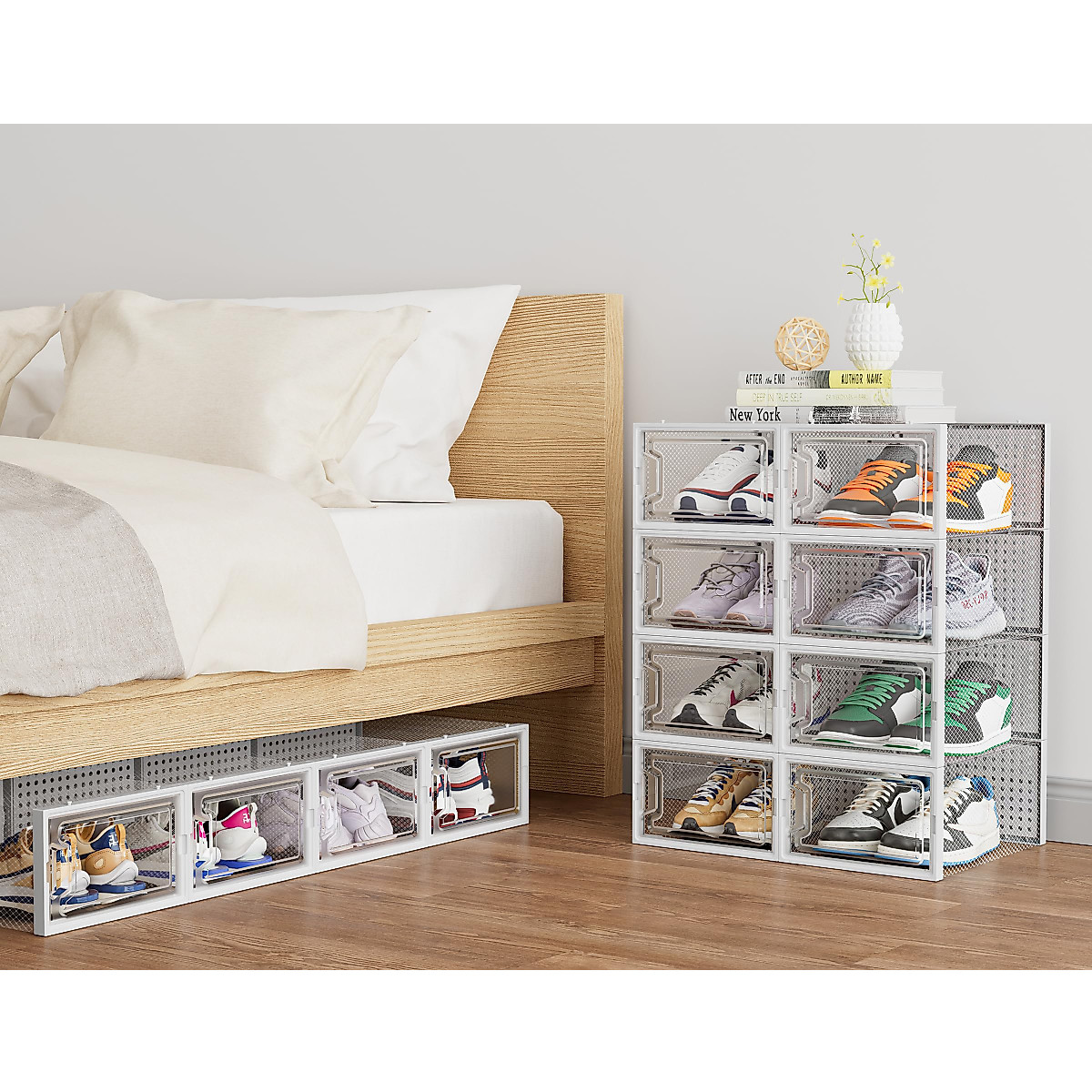 HOMIDEC 12 Pack Shoe Storage Box, Shoe Organizer for Closet, Clear Plastic Stackable Shoe Box, Foldable Shoe Rack Shoe Organizer for Closet Under Bed Entryway(White)