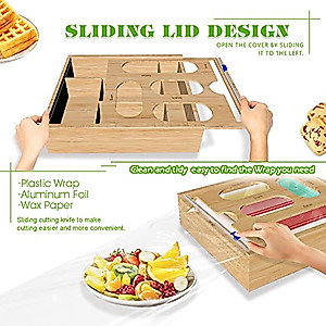 Mchenxin 5 in 1 Wrap Dispenser with Cutter and Labels,Bamboo Ziplock Bag,Plastic Wrap, Aluminum Foil and Wax Paper Dispenser for Kitchen Drawer, Bamboo Roll Organizer Holder