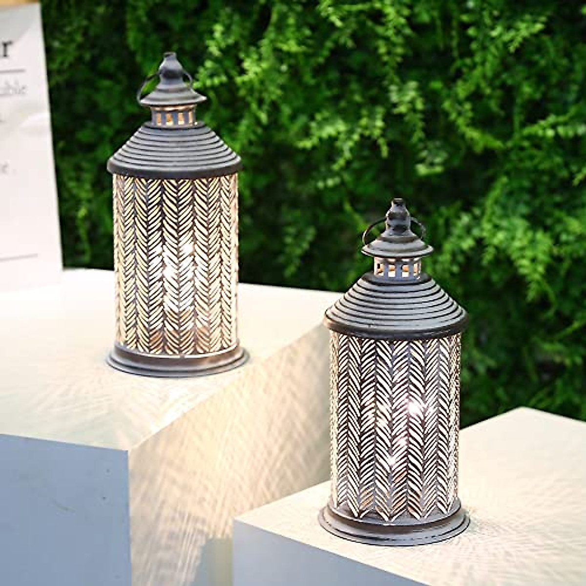 JHY DESIGN Set of 2 Metal Table Lamp Battery Powered 10.5" Tall Cordless Lamp Light with Edison Style Bulb Battery Operated Great for Living Room Bedroom Parties Indoors Outdoors (Bamboo Leaves)