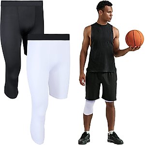 2 Packs Men's Football 3/4 One Leg Compression Tights Unisex Leggings Athletic Base Layer for Football Basketball Sports(Small,White, Black)