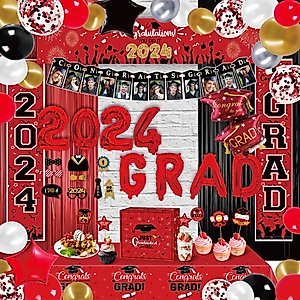 Party Spot！2024 Graduation Party Decorations, 125 PCS Graduation Decorations Class of 2024, Graduation Banner, Tablecloth, Balloons, Cake Toppers, Red and Gold Graduation Party Decorations