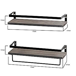Floating Shelves Wall Mounted Storage Shelves for Kitchen , Bathroom, Bedroom,Living Room,Office. Set of 2 Gray Wood Shelf with Removable Towel Holder, Strong Black Metal Rail Frame. Color Grey