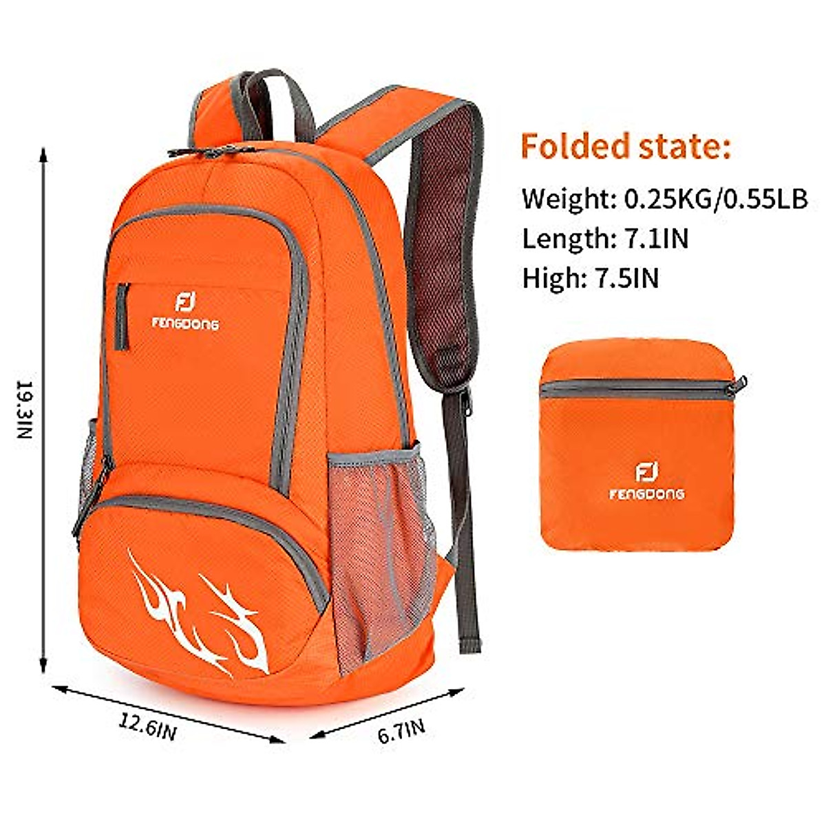 FENGDONG 35L Lightweight Foldable Waterproof Packable Travel Hiking Backpack Daypack for men women Orange