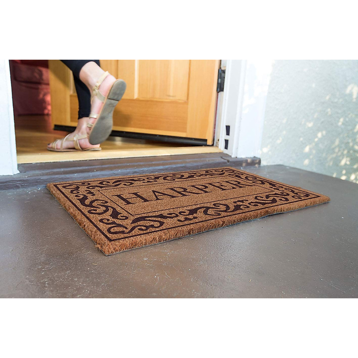 COCO MATS 'N MORE Brown Rolling Scrolls Bordered Personalized Coco Doormat 18" x 30" with Vinyl Backing | Personalized Coir Front Door Mat | Tough Coir Husk Cleans Dirtiest Shoes