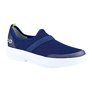OOFOS OOmg Low Shoe, Navy & White - Women’s Size 9.5 - Lightweight Recovery Footwear - Reduces Stress on Feet, Joints & Back - Machine Washable