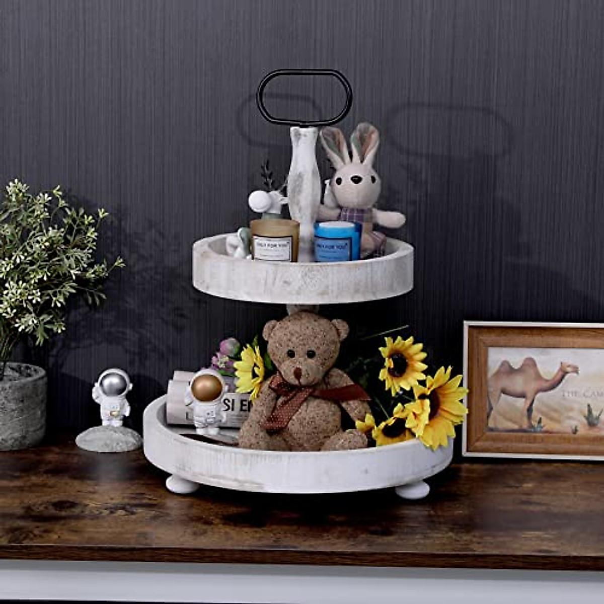 SWT8CAI 2 Tier Tray Rustic Cake Stand Farmhouse Kitchen Decor Centerpiece,Farmhouse 2 Tier Serving Tray for Coffee Bar w/Handle&1 Coaster