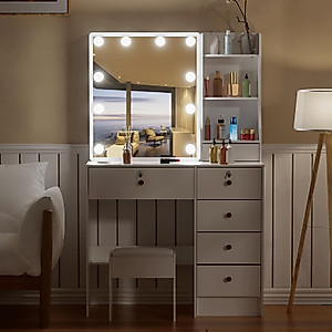 Buildonely Makeup Vanity Set with Mirror and Lights, Hollywood Vanity Desk with 4 Drawers and Display Shelves for Storing Items, Dressing Table with Soft Stool for Girls