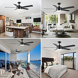 POCHFAN 52 inch Black Ceiling Fans with Lights and Remote Control, Quiet Modern Ceiling Fan for Bedroom, Living Room, Dining Room, Dimmable 3-Color Temperatures 6-Speed