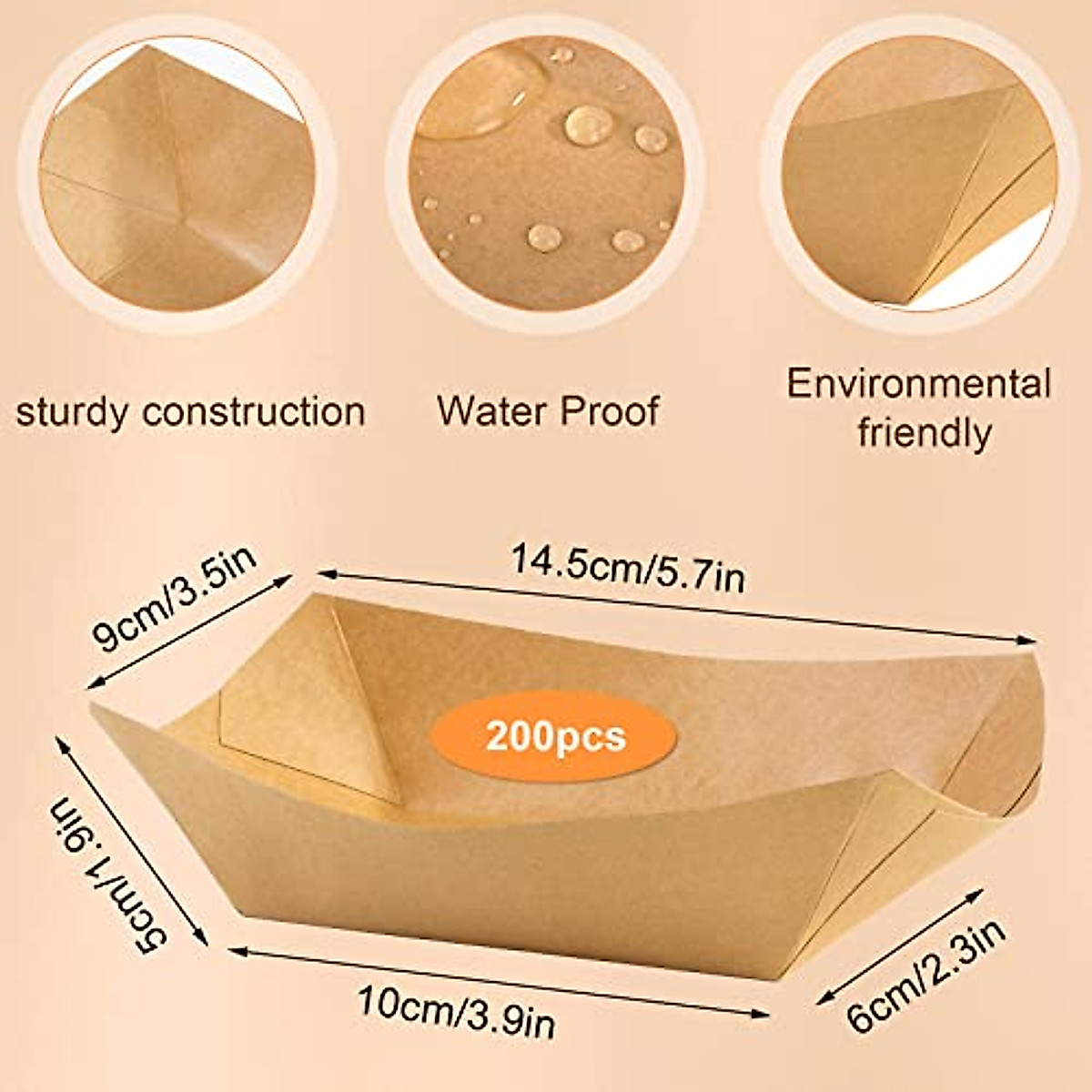200Pcs Paper Food Trays Disposable, 1LB Paper Food Boats, Recyclable Eco Friendly Kraft Brown Paper Food Tray for Hot Dog Nacho