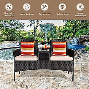 HAPPYGRILL Outdoor Patio Conversation Set with Cushions, Wicker Table Sofas Chair for Garden Lawn Backyard