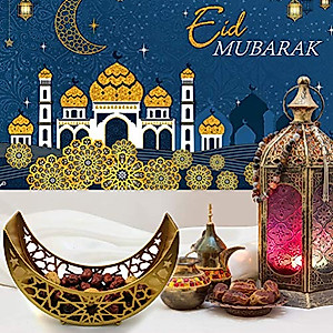 PRETYZOOM Crescent Moon Tray Ramadan Eid Mubarak Trays Platters Moon Dinner Plate Tableware Dessert Food Serving Tray Ramadan Muslim Islamic Party Supply Golden