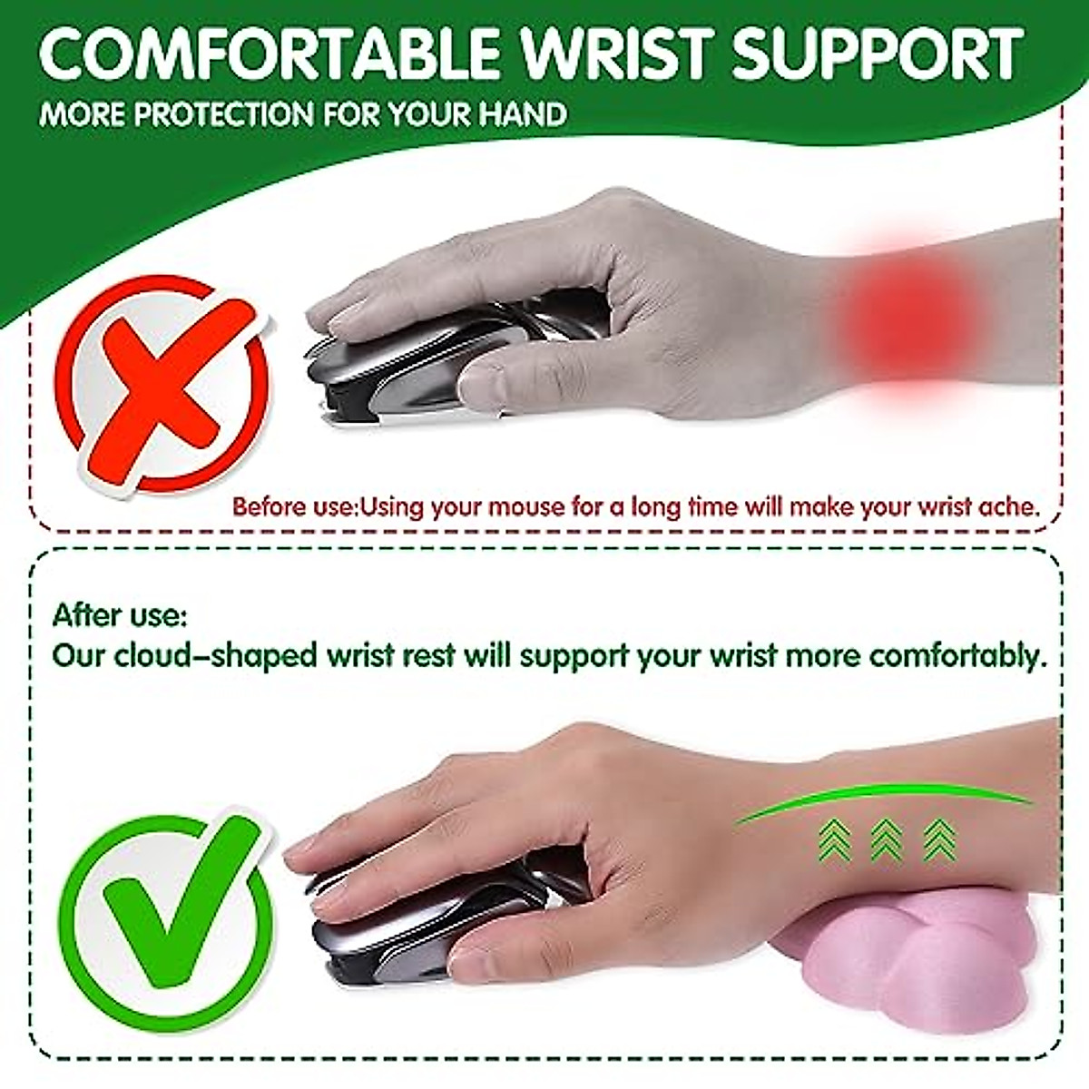 TIESOME Cloud Wrist Rest for Mouse, Memory Foam Wrist Cushion Ergonomic Palm Rest Pain Relief Mouse Wrist Support Pad with Anti-Skid Base for Office School Home Laptop&Computer Mouse(Pink)