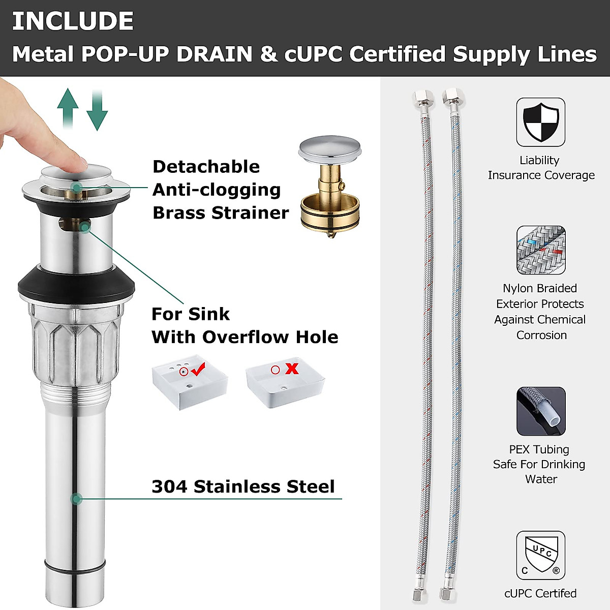 PARLOS 2-Handle Bathroom Sink Faucet with Drain Assembly and Supply Hose Lead-Free cUPC Lavatory Faucet Mixer Double Handle Tap Deck Mounted Brushed Nickel,1.2 GPM Flow Rate