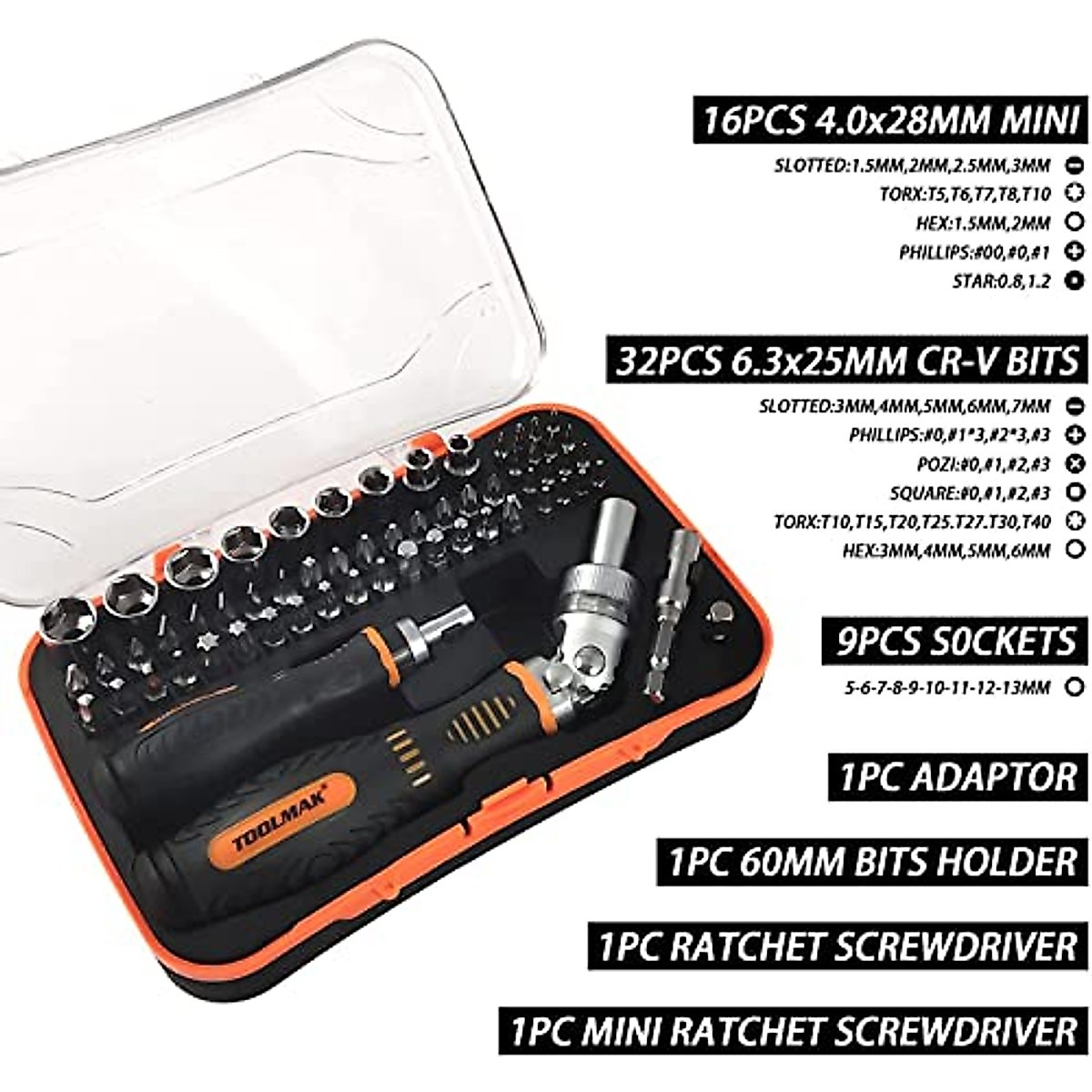 Ratcheting Screwdriver Set TOOLMAK 61pcs Socket Set & Screwdriver Bit Set with Rotatable Ratchet Handles ＆ Storage Case, Household Repair Tool Kits for Bike