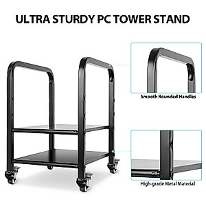 Computer Tower Stand, 360Tronics Adjustable Desktop ATX-Case CPU Holder, 2-Tier PC Rolling Stand Mobile Steel Desktop Case Stand Cart with 4 Locking Wheels for Office Home, Black