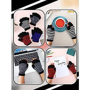 4 Pairs Fingerless Gloves Unisex Half Finger Gloves Striped Knit Stretchy Winter Gloves for Women Men Cold Weather (Striped Style)