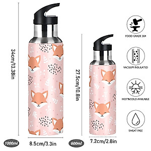 ZZKKO Water Bottle with Straw Cute Fox Pink Stainless Steel Iron Flask Capsule Water Bottle Daily Water Intake Bottle Thermos Kids Cups No Spill Women Adult 20OZ/600ML