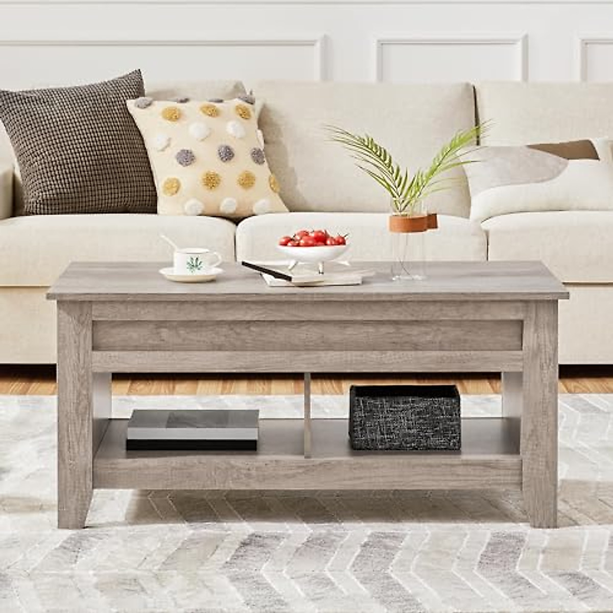 Yaheetech Lift Top Coffee Table, Coffee Table with Hidden Storage Compartment & Lower Shelf, 41in Center Table for Living Room, Office, Grey