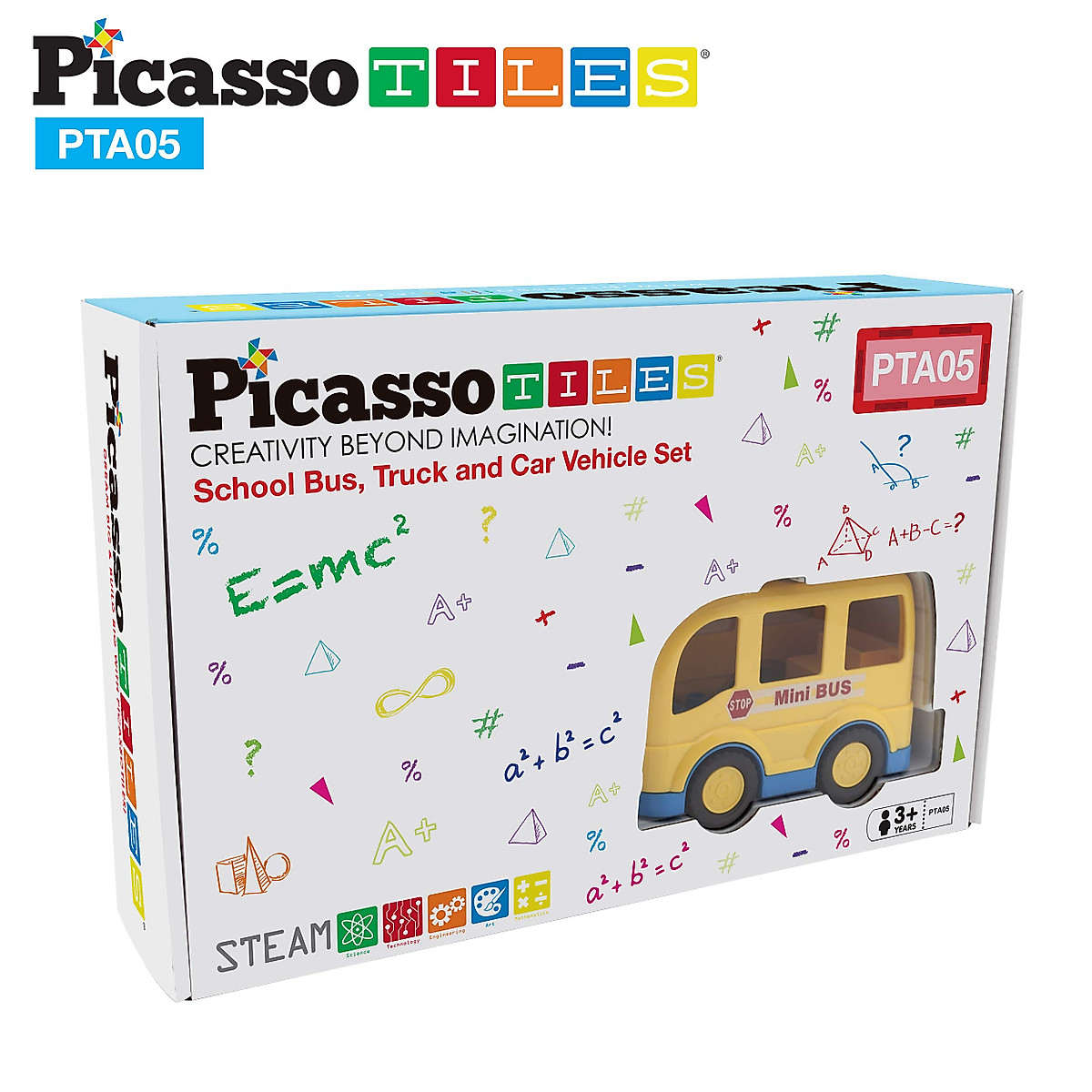 PicassoTiles Magnetic Figures 5 Piece Vehicle and Action Figure Set Including School Bus, Car, Truck and 2 Drivers Magnet Expansion Pack Toddler Toy Kit Pretend Playset for Construction Building Block