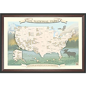 National Parks Map Push Pin, 3D Domed Stickers with 1 x 1.5 inch collection for passport book | Poster travel map in mahogany/black frame | Large map