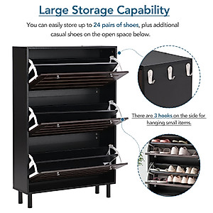 Narrow Shoe Cabinet with 3 Flip Drawers for 24 Pairs Shoes, Natural Wood Top Entryway Organizer with 3 Hooks, Free Standing Shoe Rack with Adjustable Panel for Hallway, 31.5''x9.4''x47.6'',Black&Brown