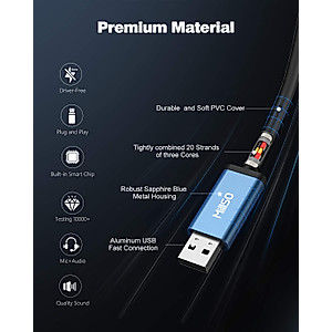 MillSO USB to Dual 3.5mm Audio Jack Adapter, Sapphire Blue TRRS External Stereo Sound Card Headphone Stereo Jack Splitter for Two Headphones, Speakers to a PC, Laptop, Desktop, PS4, PS5-1 Feet