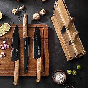 ENOKING 6PCS Knife Set with block, Magnetic Wood Knife Holder with Acrylic Shield, German High Carbon Stainless Steel Blades